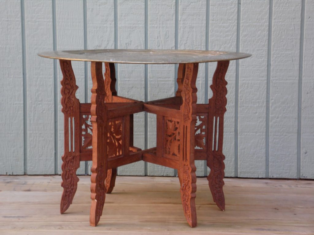 Vintage Middle Eastern Carved Teak & Engraved Brass Tray Top Folding ...
